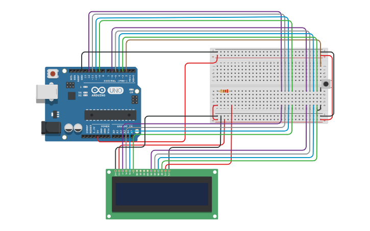 Circuit design Arduino LCD 16x2 Jump Game - Tinkercad