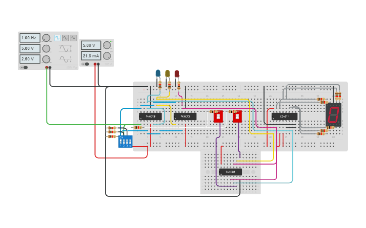 Circuit design 3-Bit Asynchronous Binary Counters Up - Tinkercad