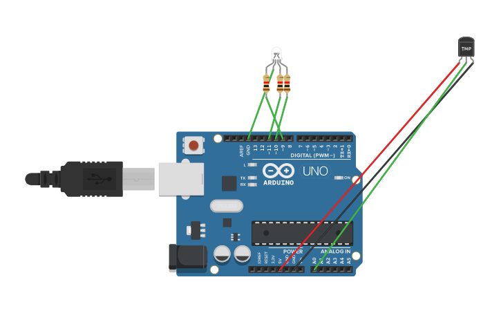 Circuit design RGB LED TMP Sensor - Arduino - Tinkercad