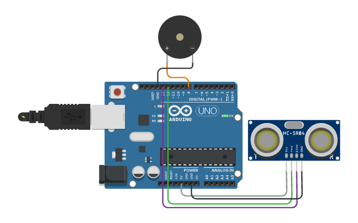 Circuit design Distance and Buzzer - Tinkercad