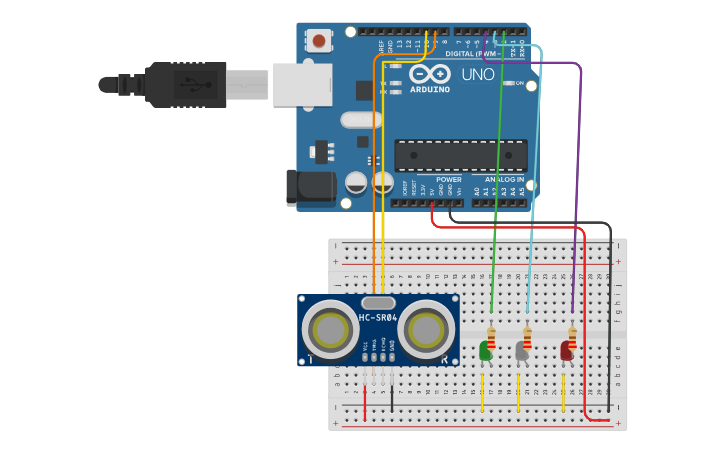 Circuit design Sensor de distancia con tres leds - Tinkercad