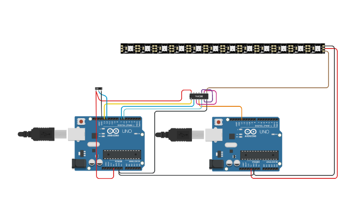 Circuit design 2 arduino che controllano una sola strip led - Tinkercad