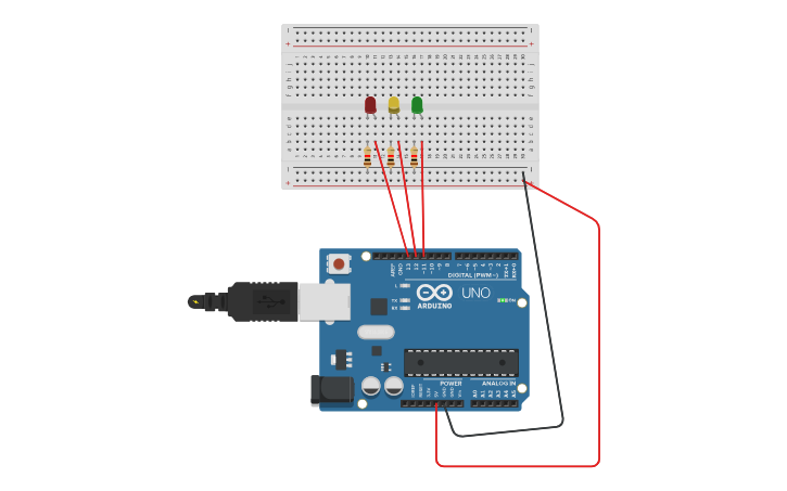 Circuit design 3 Led Arduino w/ Breadboard - Tinkercad
