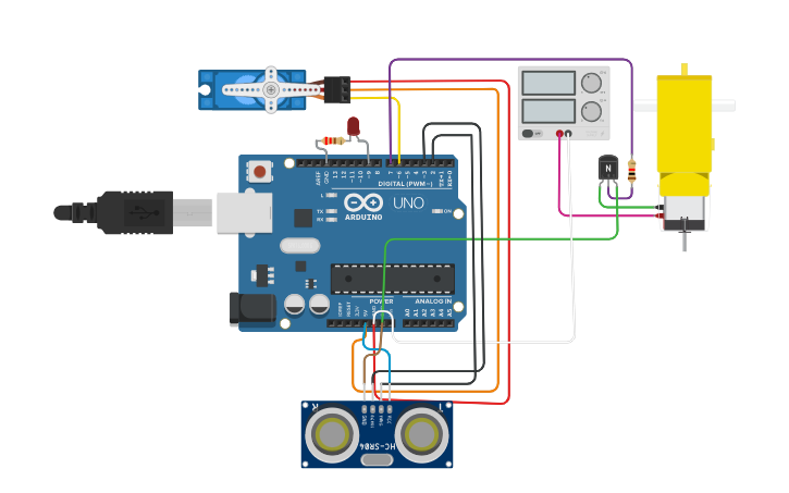 Circuit design motor, sensor y servo - Tinkercad