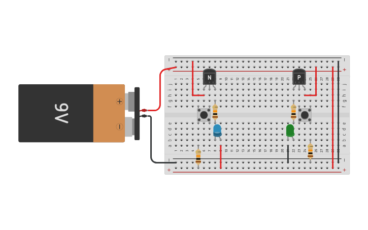 Circuit design Practica9 transitor NPN y PNP - Tinkercad