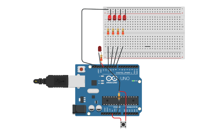 Circuit design Luces estroboscópicas x4 con Arduino - Tinkercad