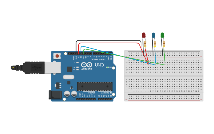 Circuit design Arduino 3 LEDS - Tinkercad