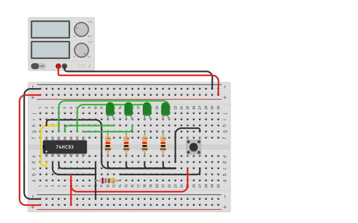 Circuit design 4-Bit Ripple Counter 74HC93 - Tinkercad