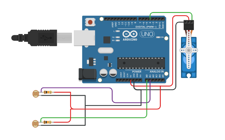 Circuit design Solar Tracker with LDR and Servo - Tinkercad