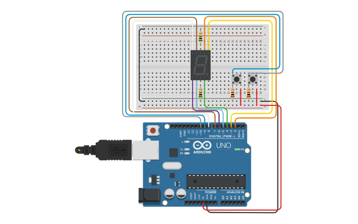 Circuit design 7 segment TIMER with on/off and reset buttons - Tinkercad