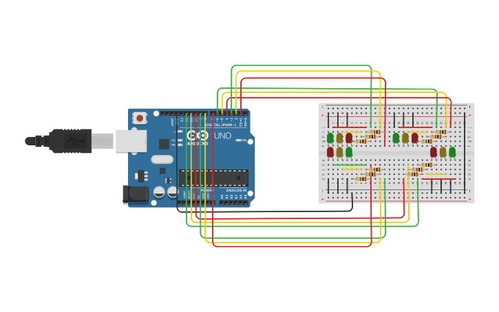 Circuit design 4 Way traffic light control system - Tinkercad