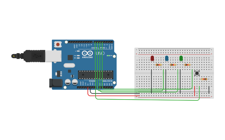 Circuit design Button controlling 3 led - Tinkercad