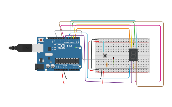 Circuit design 7 segment with push button - Tinkercad