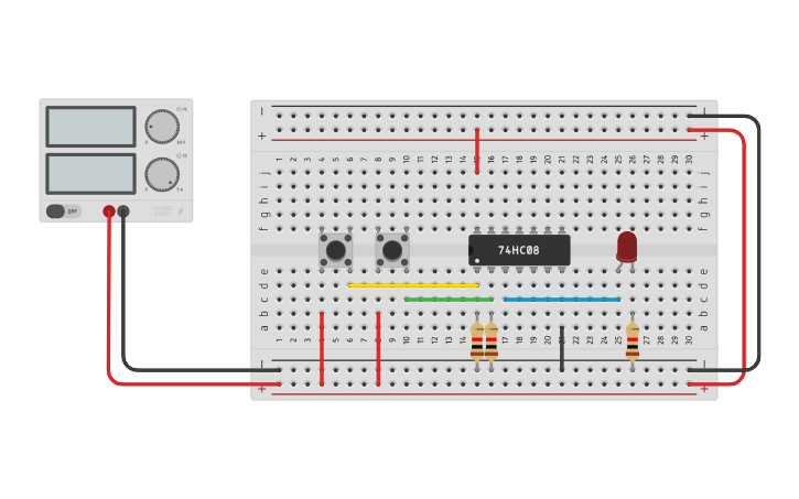 Circuit design AND gate using 74HC08 IC - Tinkercad