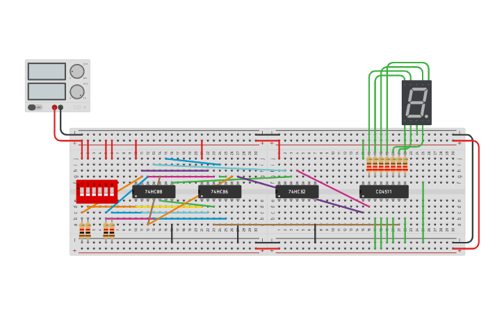 Circuit design 2 bit adder with 7 Segment display - Tinkercad