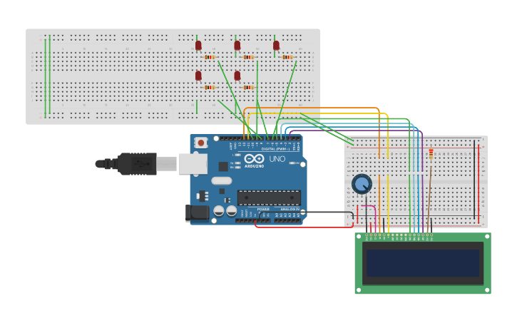 Circuit design PC2 - LCD Y LEDS ARDUINO - Tinkercad