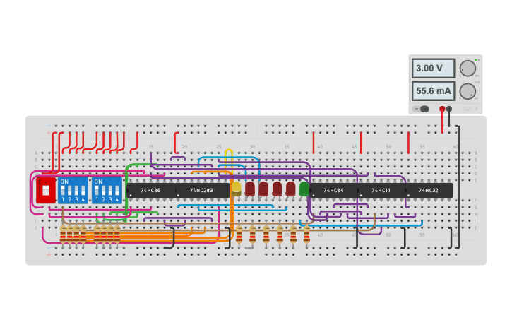 Circuit design 4 Bit Adder With Overflow Circuit - Tinkercad