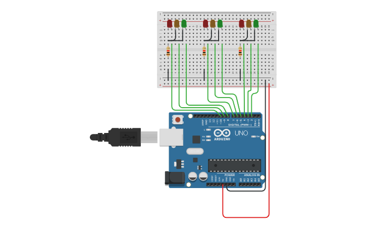 Circuit design 3 WAY TRAFFIC LIGHT - Tinkercad