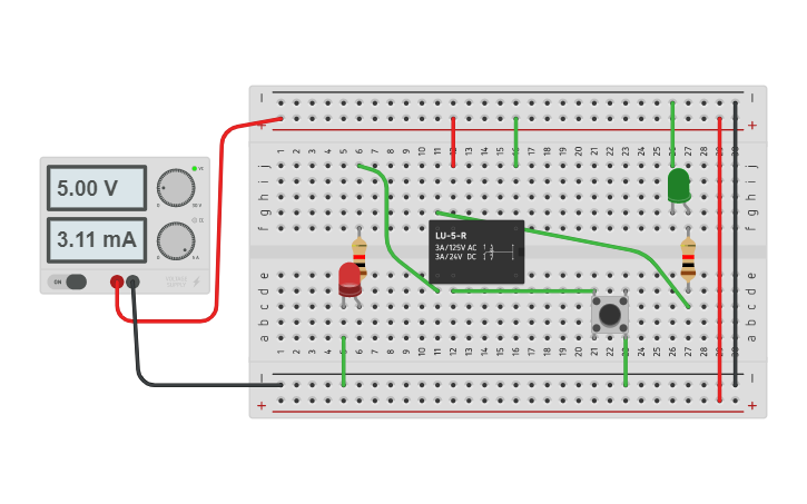 Circuit design Relé + 2 LED - Tinkercad