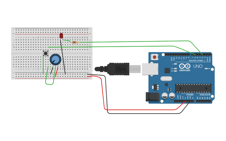 Circuit design Lighting LED using push button potentiometer - Tinkercad