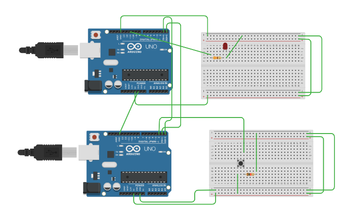Circuit design Push Button & LED using 2 Arduinos - Tinkercad