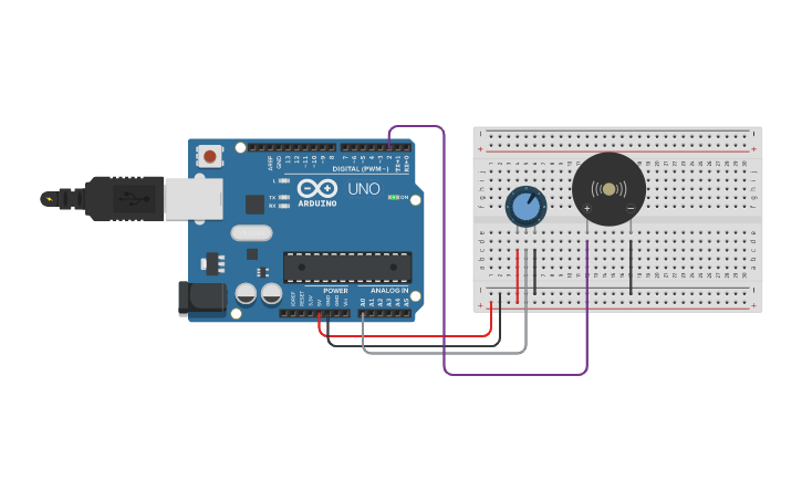 Circuit Design Controlling Buzzer With Potentiometer Using Arduino Tinkercad