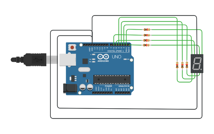 Circuit design 7 segment display interfaced with Arduino UNO - Tinkercad