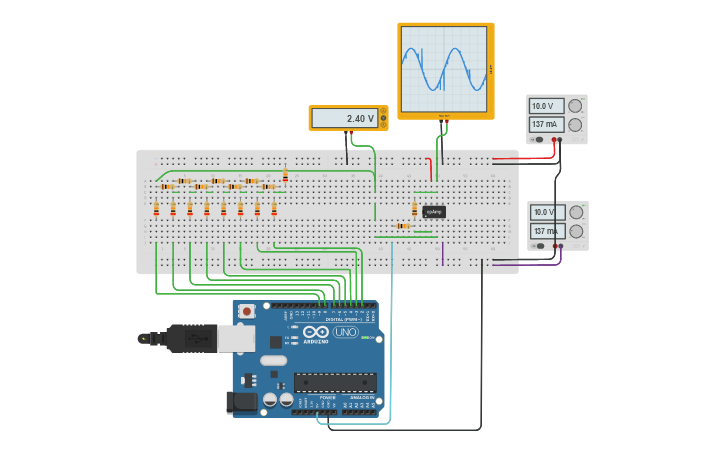 Circuit design LAB 6 -8-bit DAC example with R and 2R resistors (ARDUINO) - Tinkercad